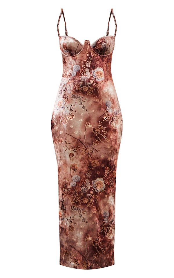 Tall Brown Floral Print Devore Midaxi Dress | Tall | PLT