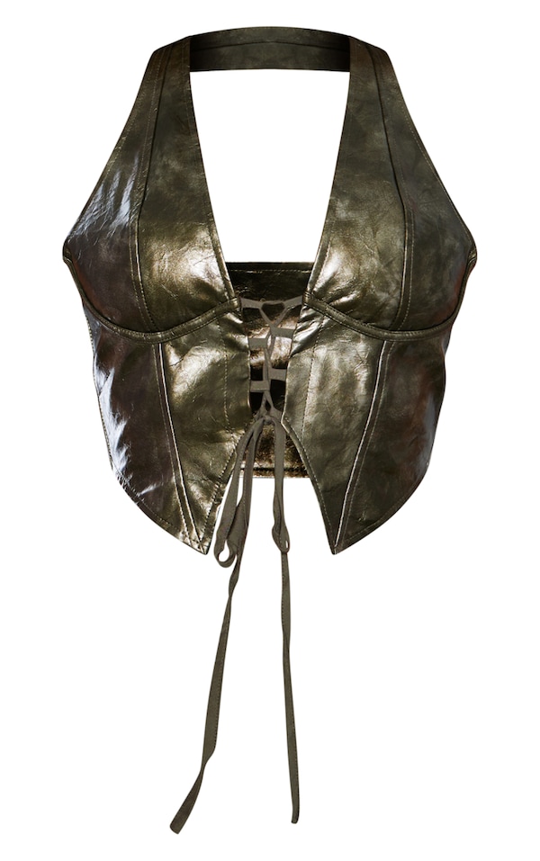 Dark Green Washed PU Lace Up Plunge Halterneck Top | Tops ...