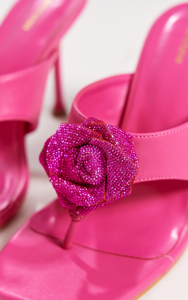 Hot Pink Square Thong Toe Diamante Flower Heel Mules | Footwear ...