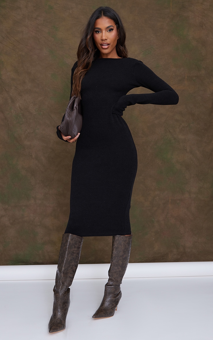 Black Rib Flare Sleeve Scoop Back Midaxi Dress | PrettyLittleThing CA