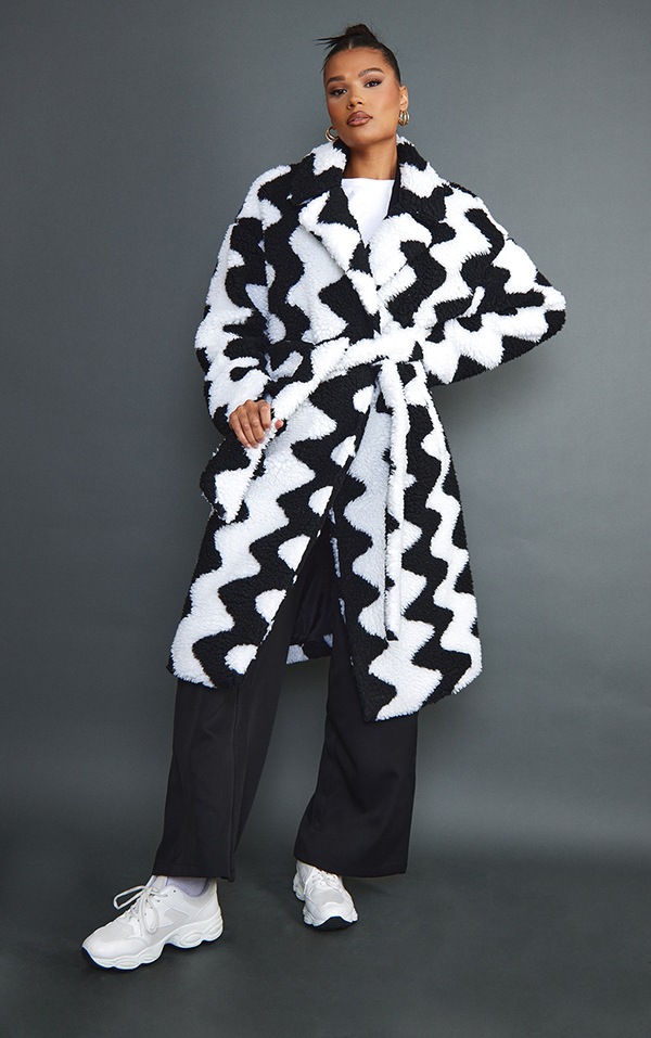Monochrome Wave Print Borg Coat | Outerwear | PrettyLittleThing USA