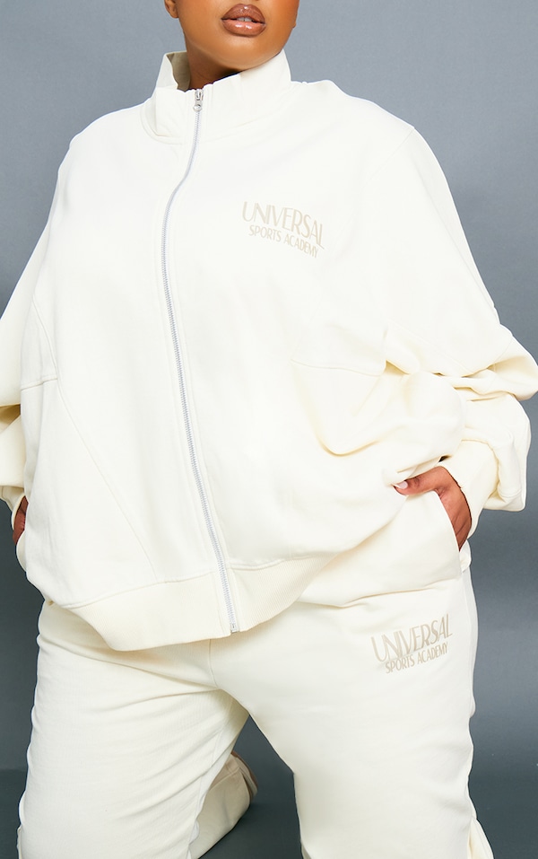 Plus Ecru Tonal Zip Through Panelled Track Top | Plus Size | PLT
