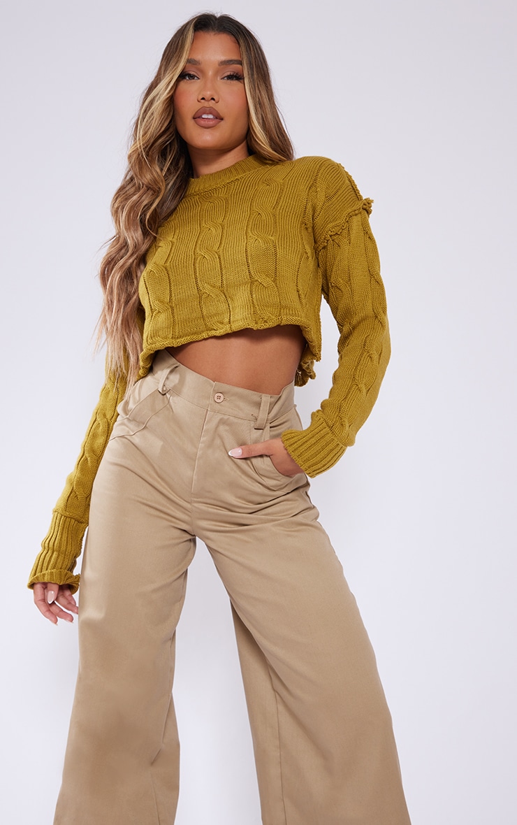 Olive Cropped Cable Exposed Seam Knit Sweater | Knitwear ...