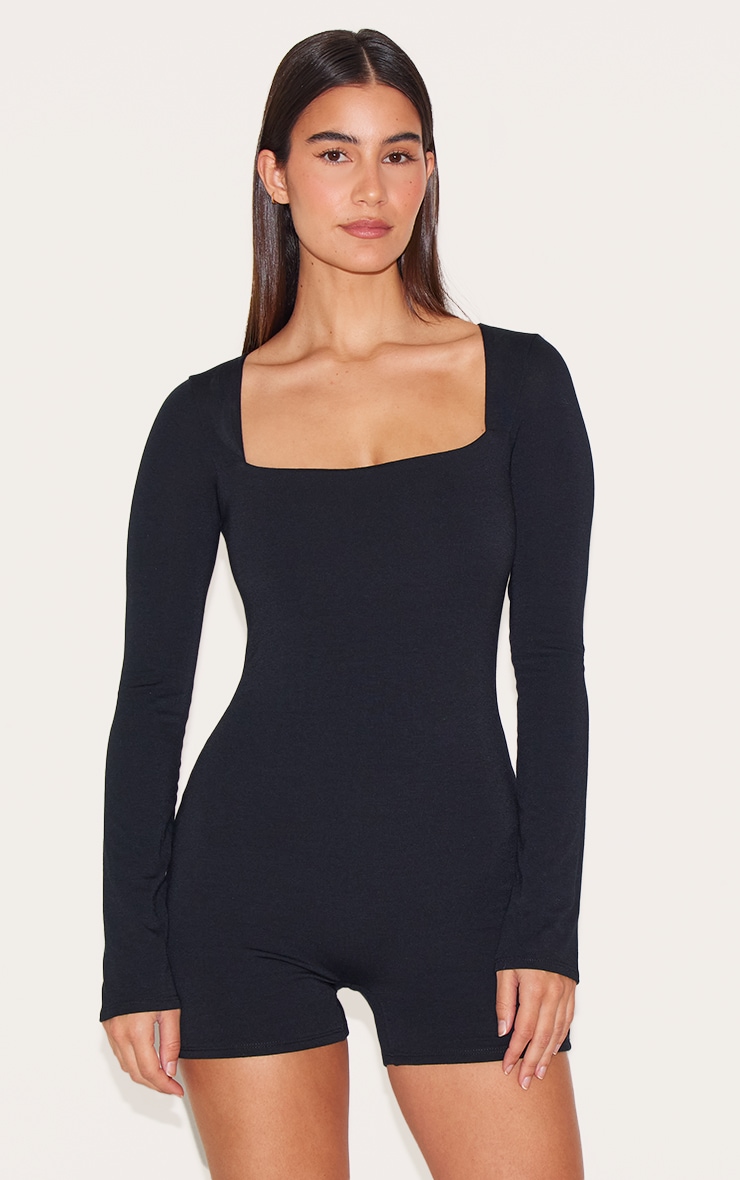 Black Double Layer Contour Long Sleeve Unitard | Jumpsuits & Rompers ...