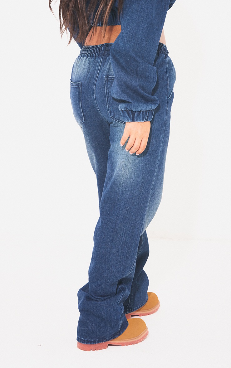 Petite Dark Blue Elasticated Waist Jeans | Petite | PrettyLittleThing USA