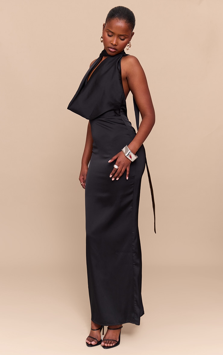 Black Satin Cowl Neck Drape Maxi Dress | Dresses | PLT USA