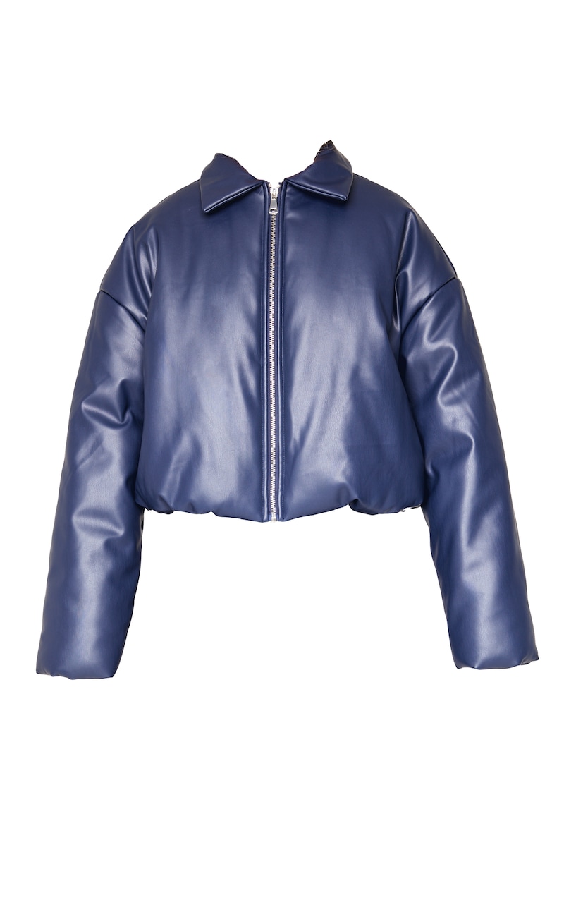 Midnight Blue Faux Leather Collar Puffer Jacket | Outerwear | PLT
