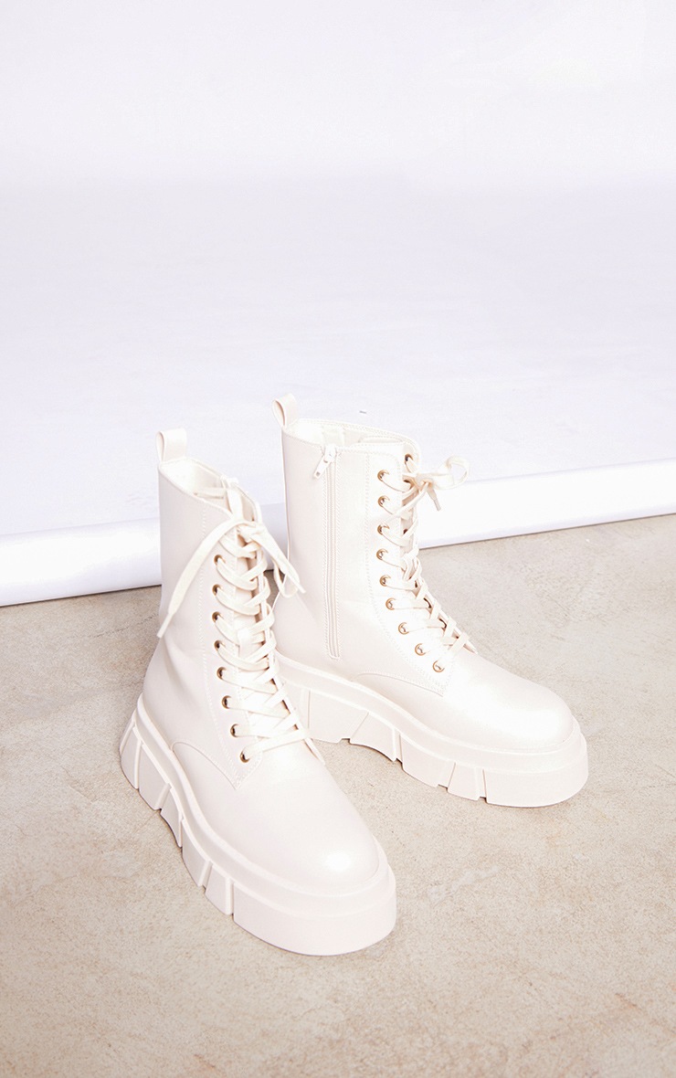 Cream Cleated Angled Chunky Sole Ankle Boots | Footwear | PLT