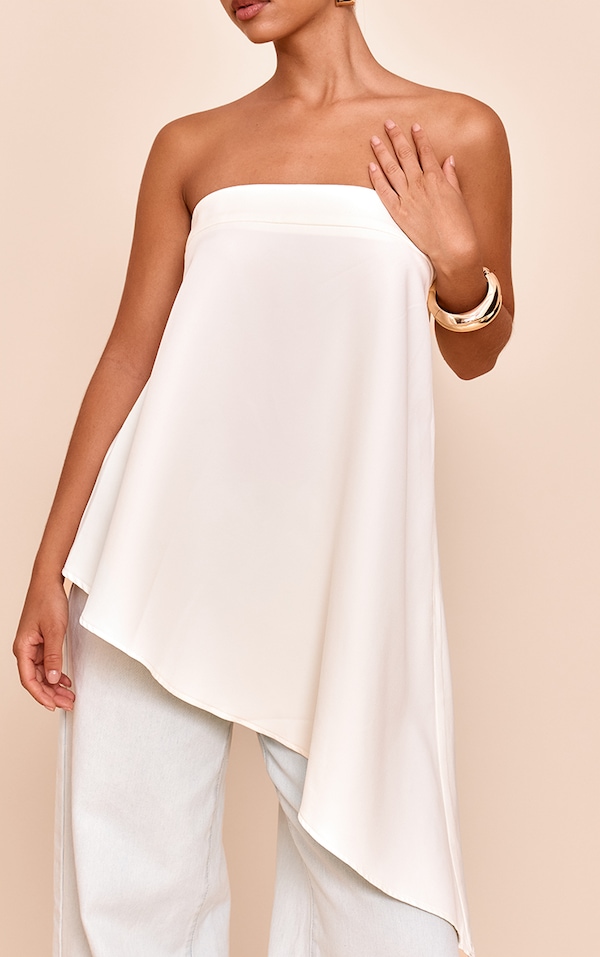 Cream Woven Bandeau Asymmetric Hem Floaty Long Top | Tops ...