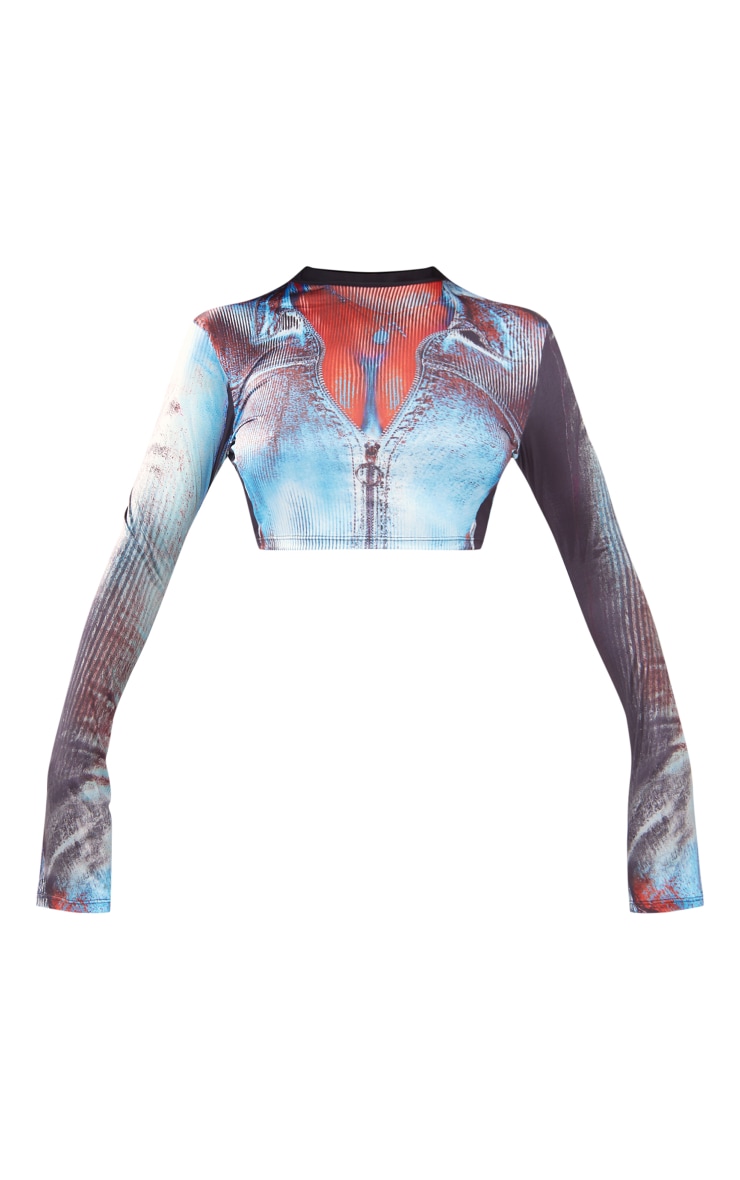 Blue Body Print Slinky High Neck Long Sleeve Cropped Top ...