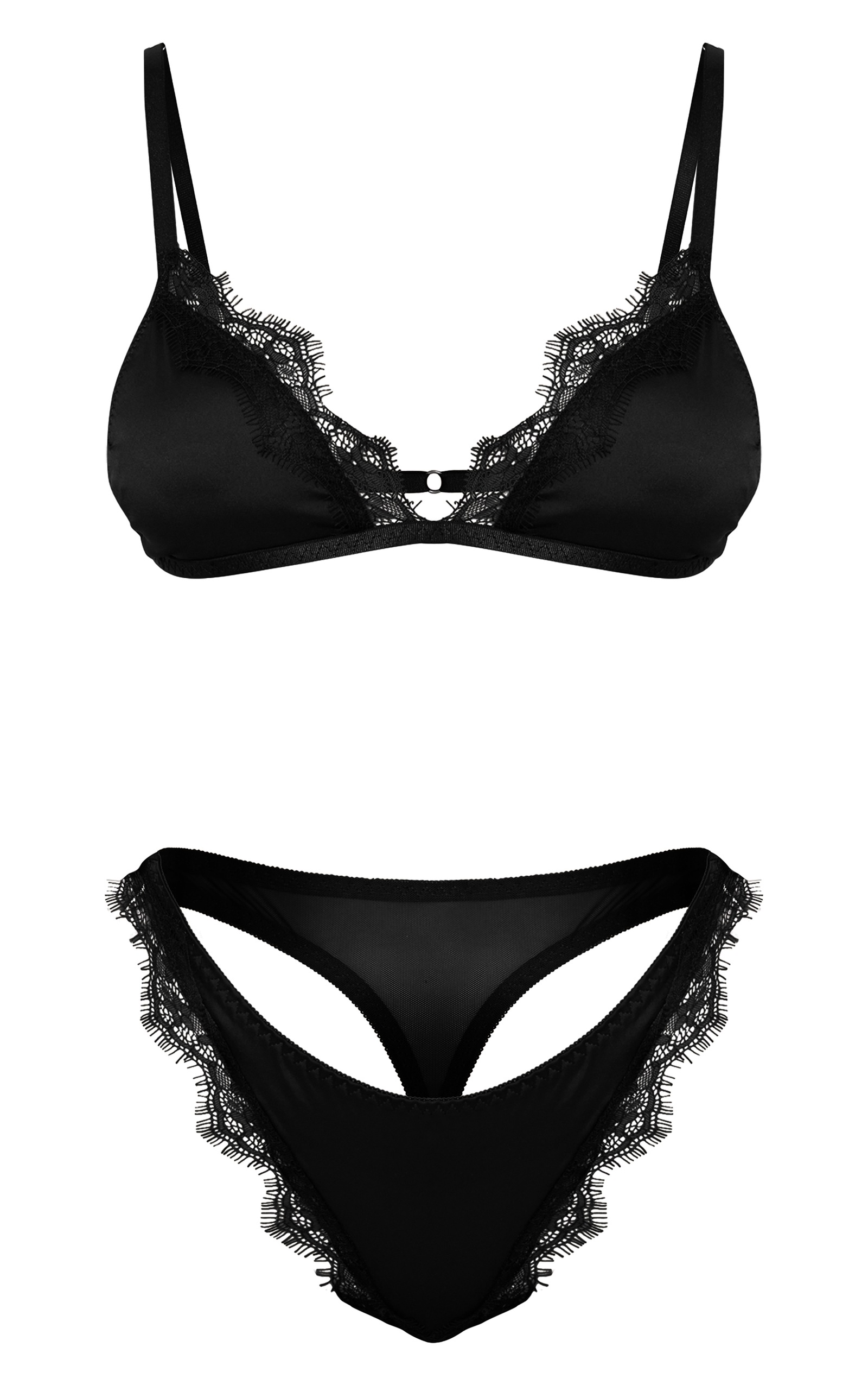 Black Lace Trim Triangle Bra Thong Lingerie Set | Lingerie & Nightwear ...