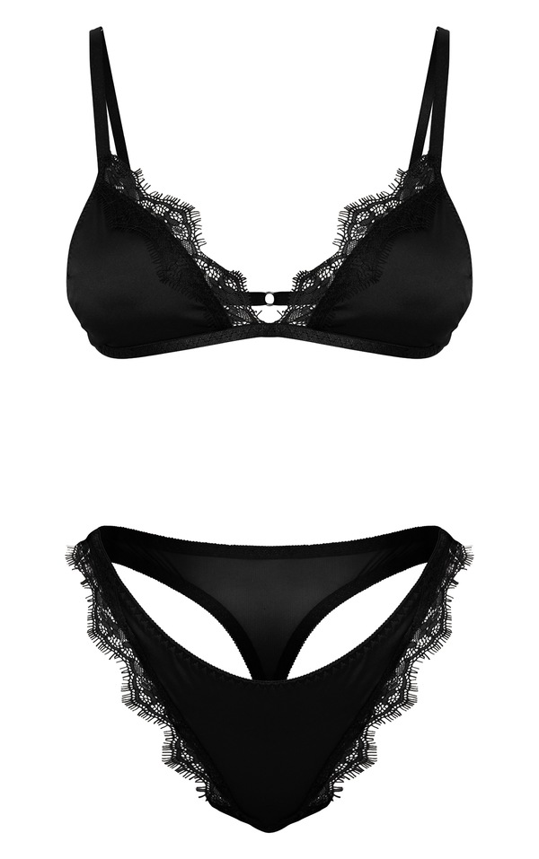 Black Lace Trim Triangle Bra Thong Lingerie Set | Lingerie & Nightwear ...