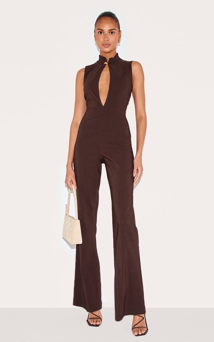 Dark Chocolate Stretch Collared Gold Trim Jumpsuit | Jumpsuits ...