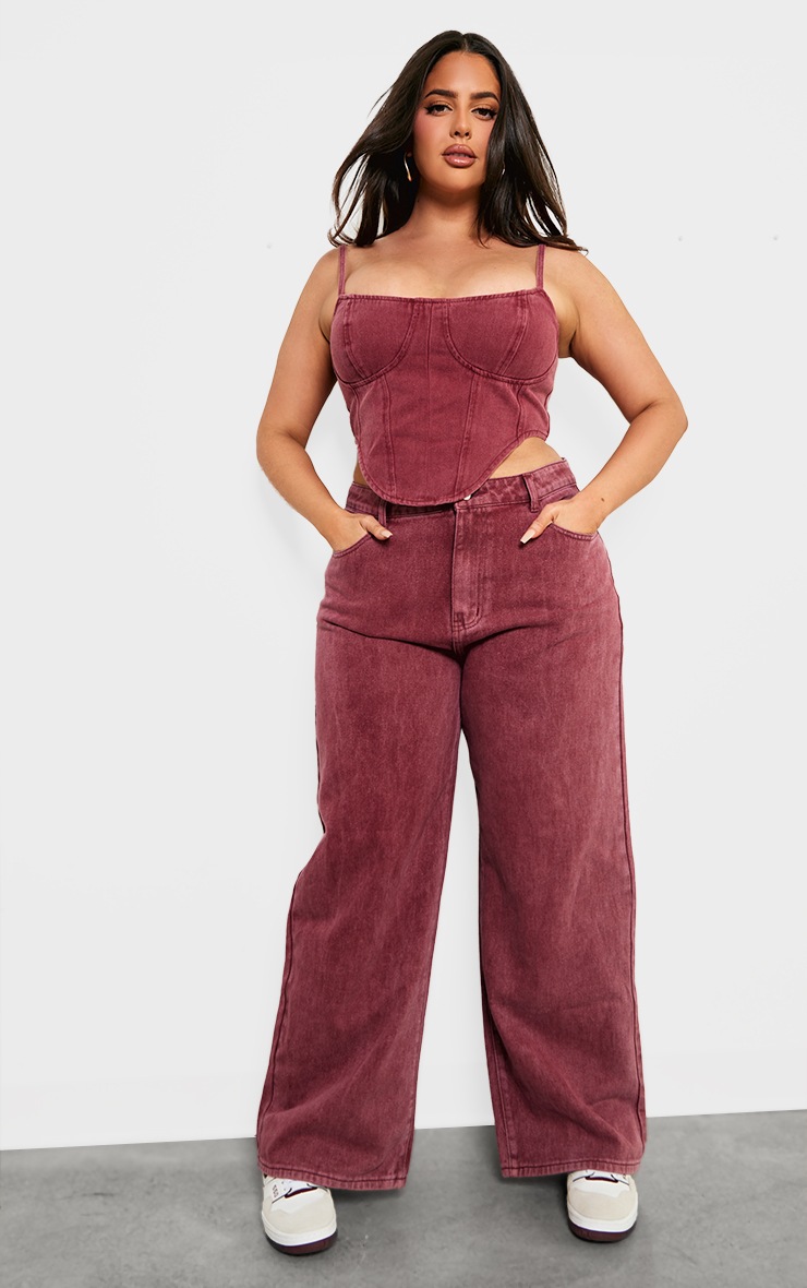 Plus Burgundy Washed Denim Dipped Hem Corset Top | Plus Size | PLT