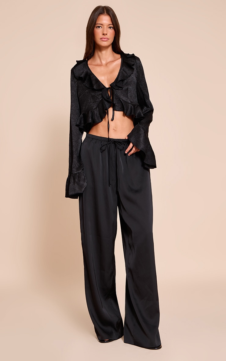 Black Textured Satin Frill Tie Front Cropped Top | Tops | PLT