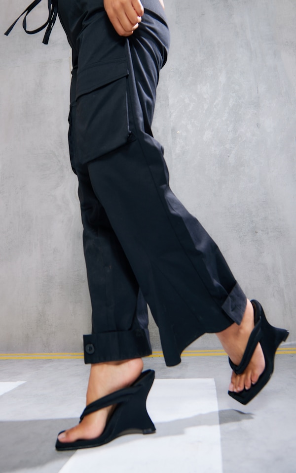 Black Padded Thong Strap High Heeled Wedges | Footwear | PLT