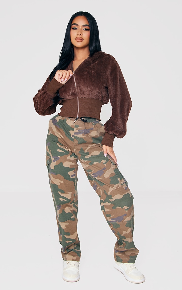 Petite Chocolate Cropped Faux Fur Bomber | PrettyLittleThing USA