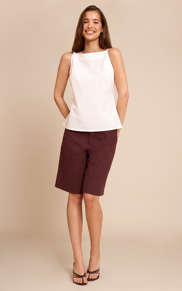 White Linen Blend Back Detail Long Cami Top | Tops | PLT USA