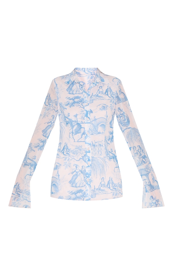 Light Blue Printed Fitted Chiffon Shirt | Tops | PLT
