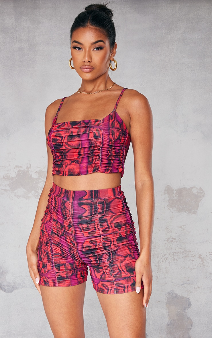 Hot Pink Abstract Print Slinky Ruched Front Strappy Crop Top ...