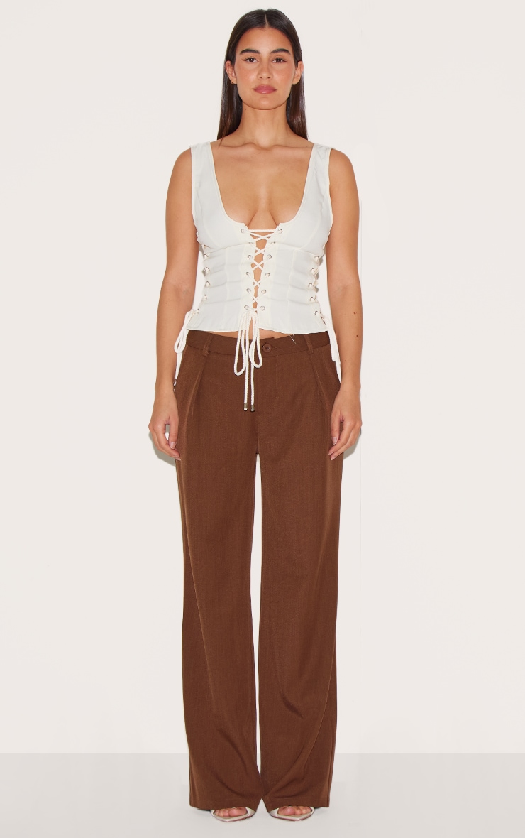 Cream Woven Lace Up Detail Plunge Sleeveless Top | Tops | PLT