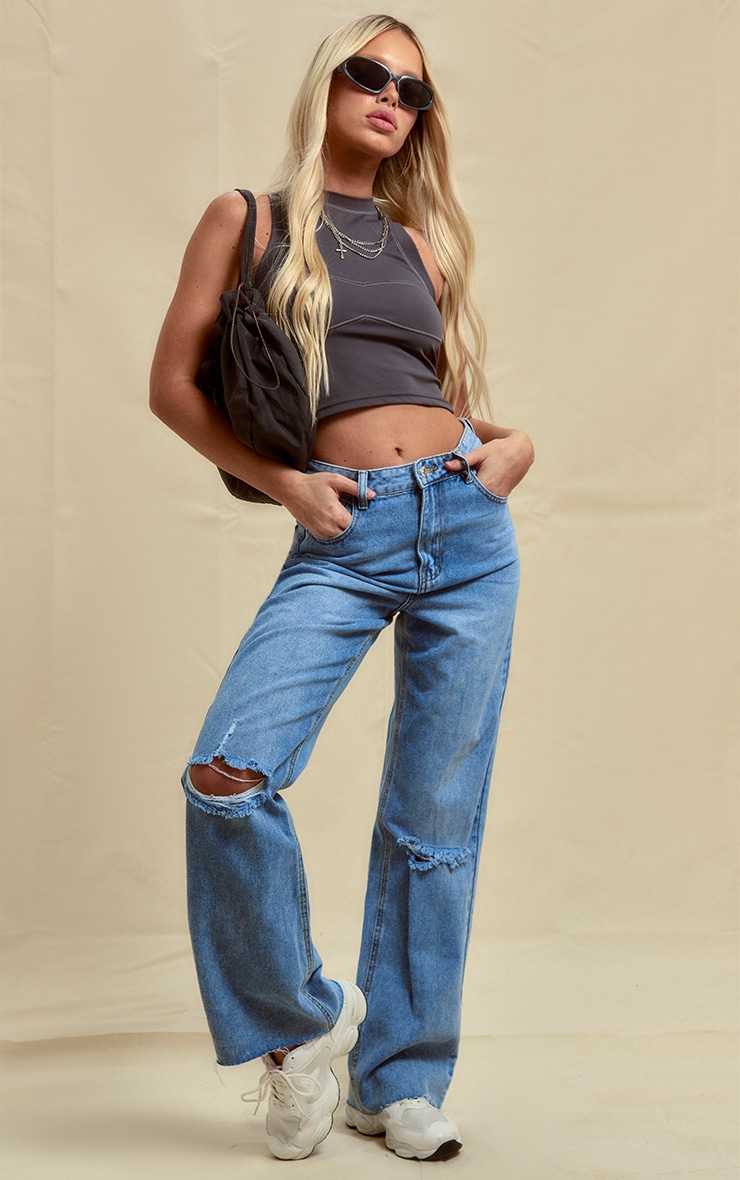 Light Blue Wash High Rise Ripped Jeans | Denim | PrettyLittleThing USA