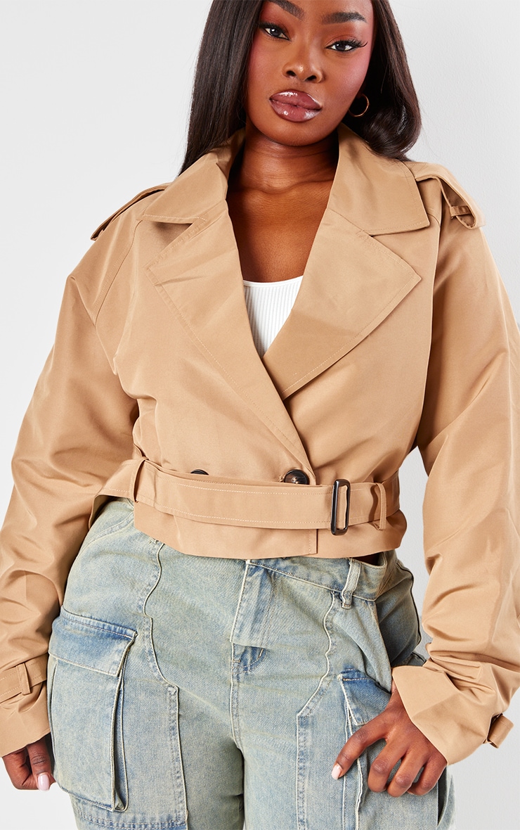 Plus Taupe Belted Cropped Trench Coat | Plus Size | PLT