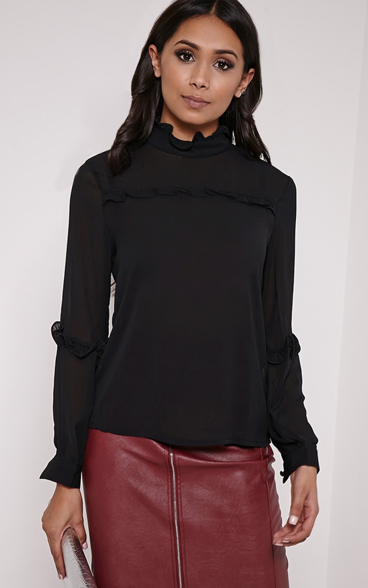 Miracle Black Ruffle Detail High Neck Shirt | PrettyLittleThing