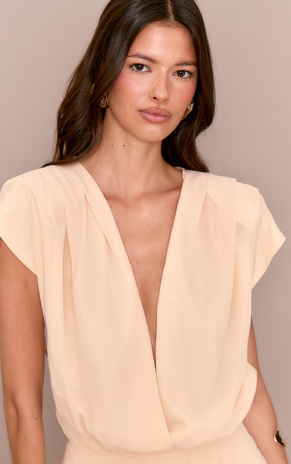 Almond Chiffon Extreme Plunge Neck Floaty Romper | Dresses | PLT USA