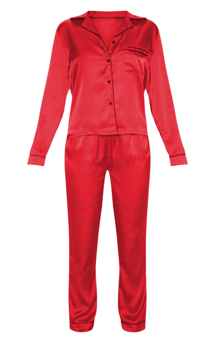 PRETTYLITTLETHING Red Satin Pocket Long PJ Set | Lingerie & Nightwear ...