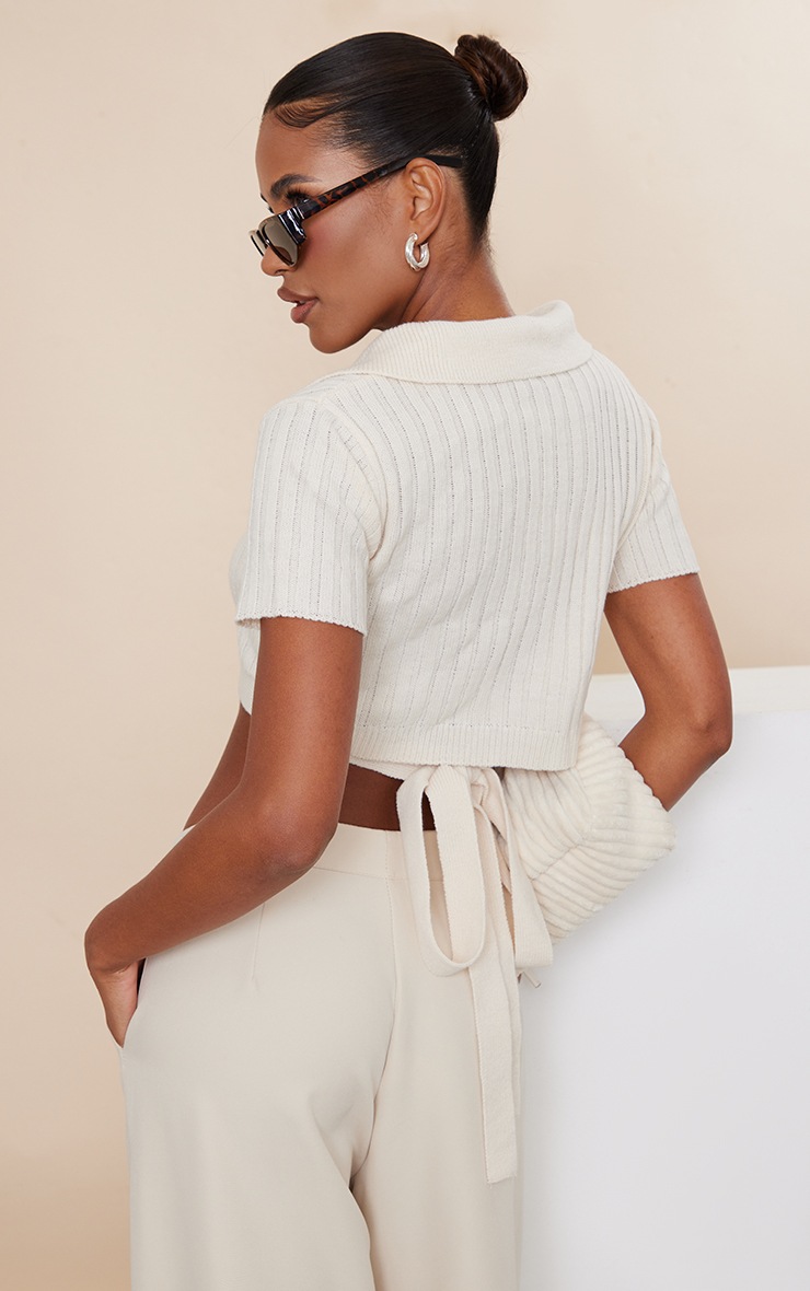 Oatmeal Tie Back Cropped Knitted Top | Knitwear | PLT