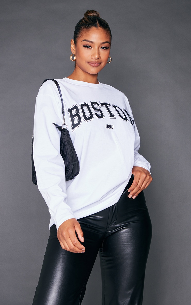 White Boston 1990 Printed Long Sleeve T Shirt | Tops | PrettyLittleThing CA