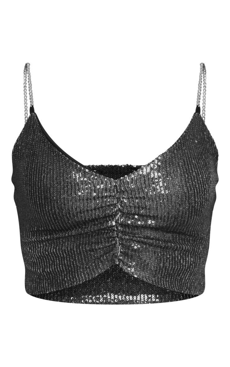 Black Sequin Ruched Cami | Tops | PrettyLittleThing
