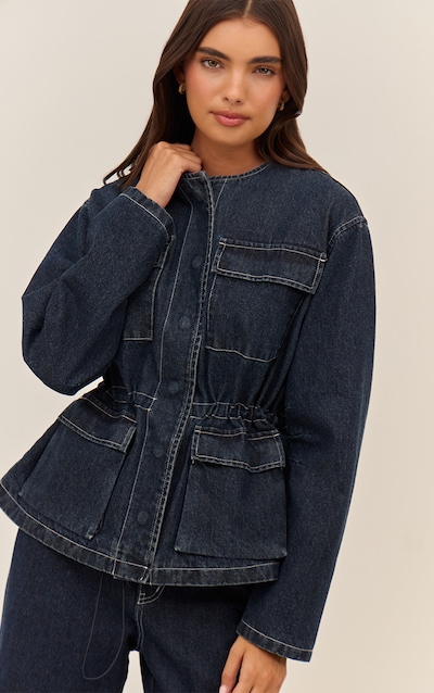 Indigo Round Neck Pocket Front Cinch Denim Jacket | Denim | PLT