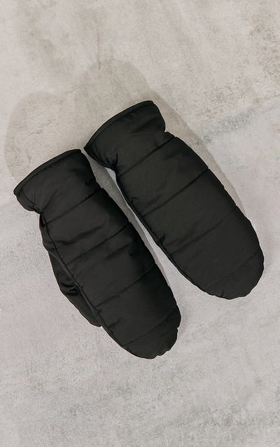 Black Nylon Padded Fur Lined Mittens | Accessories | PLT