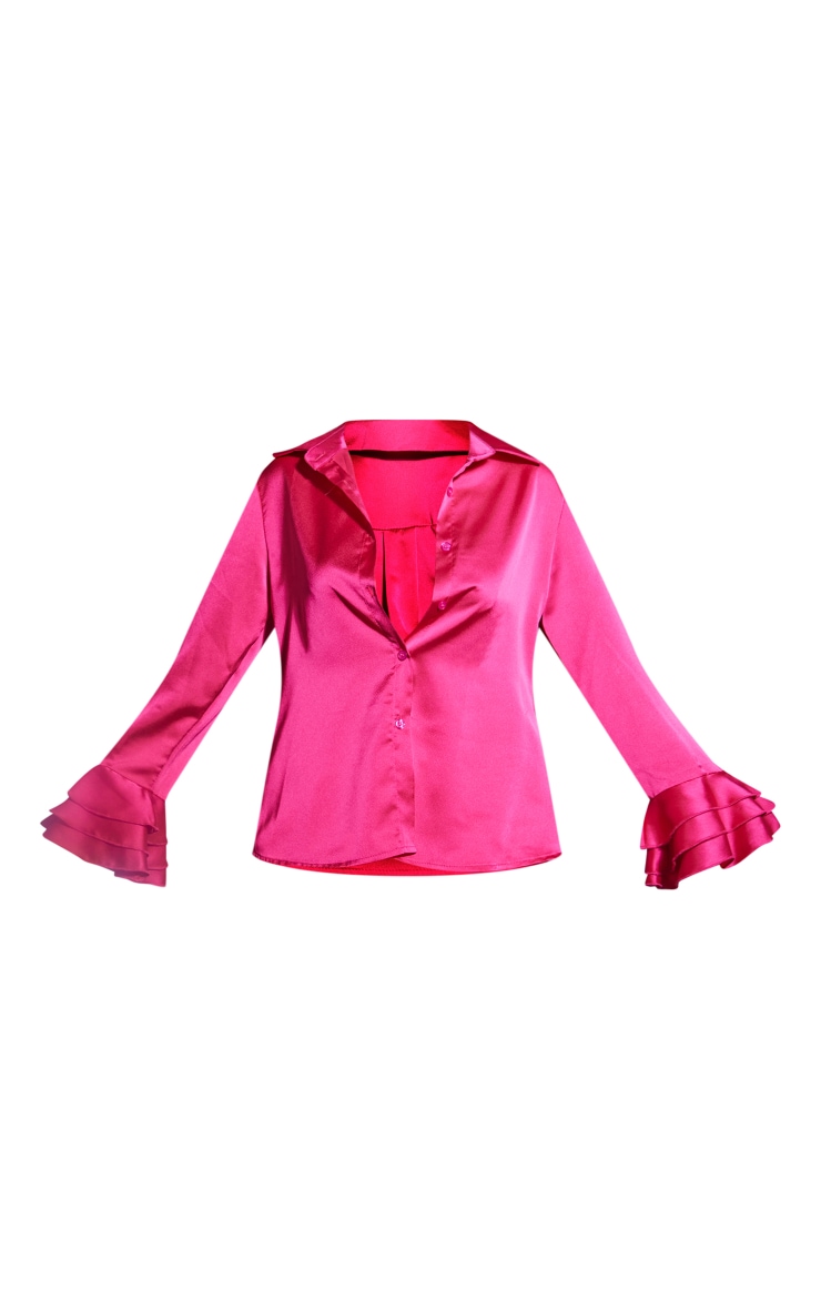 Hot Pink Satin Ruffle Sleeve Shirt | Co-Ords | PrettyLittleThing