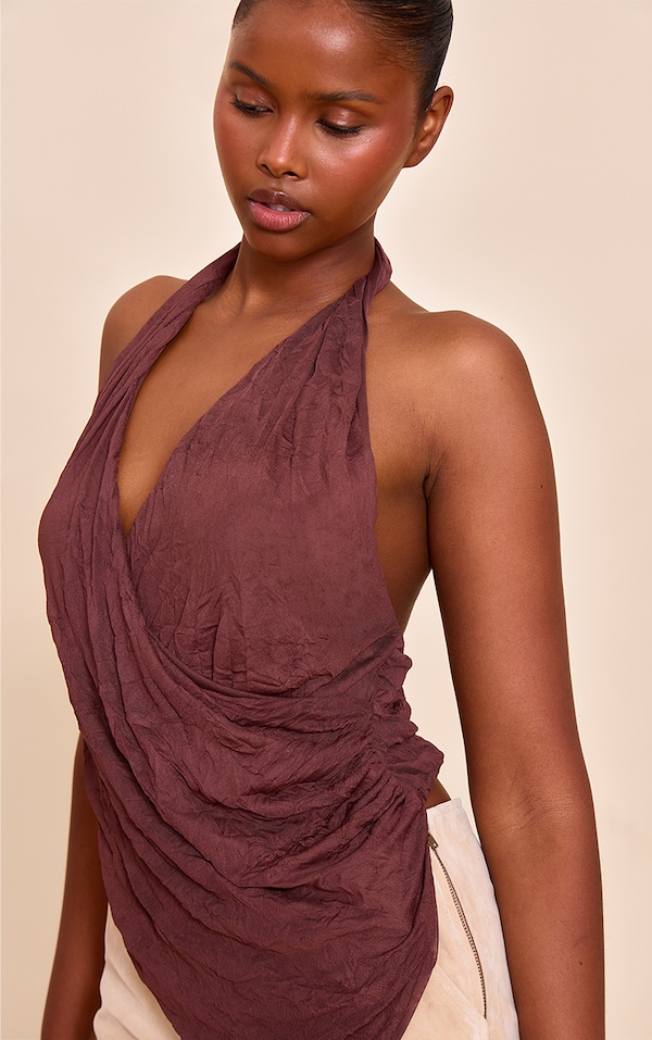 Chocolate Double Layer Crinkle Halter Neck Drapey Long Top | Tops | PLT