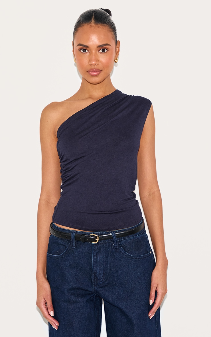 Navy Soft Cotton Asymmetric One Shoulder Long Top | Tops | PLT