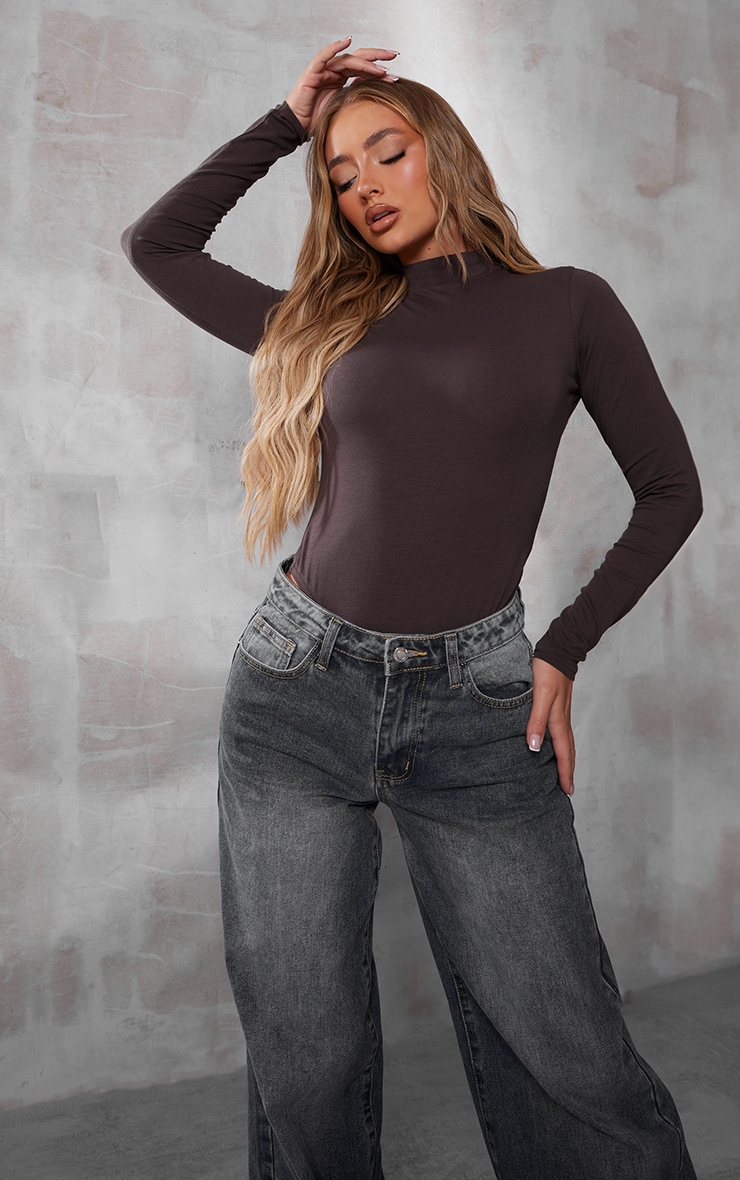 Dark Brown Cotton High Neck Long Sleeve Bodysuit | Tops | PrettyLittleThing CA