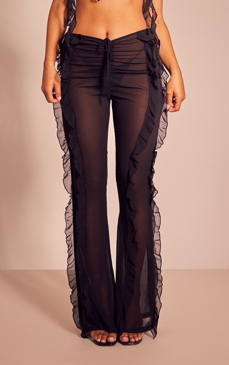 Black Chiffon Ruffle Dipped Waist Flared Pants | Co-ords ...
