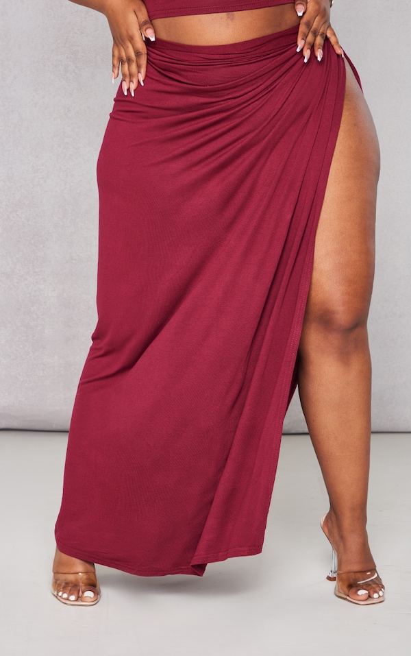 Plus Burgundy Jersey Thigh Split Midi Skirt | Plus Size | PLT