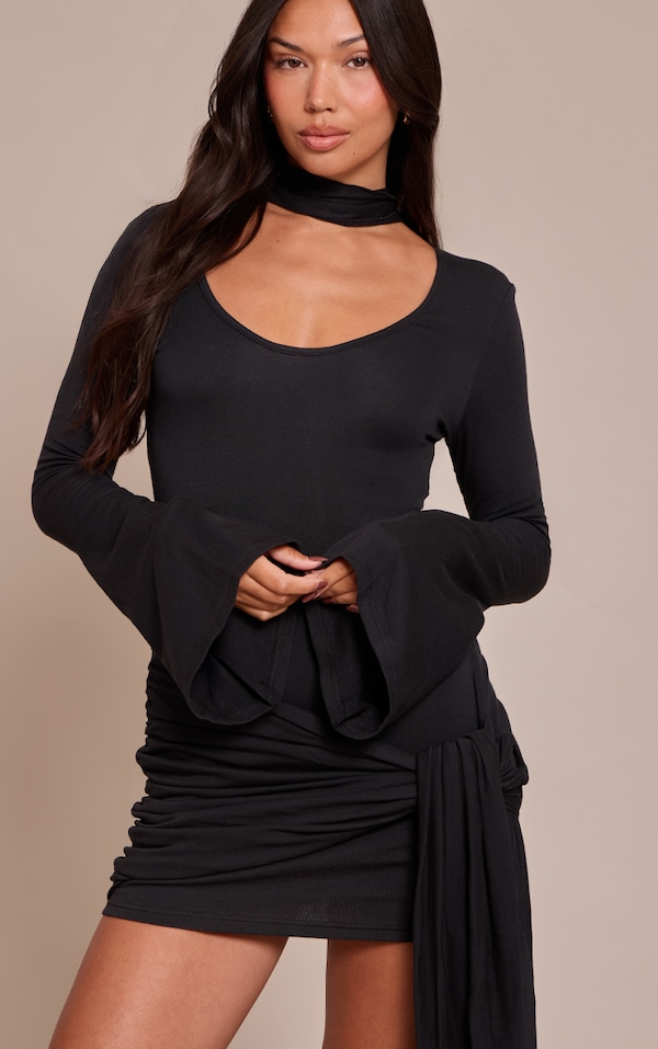 Black Jersey Wrap Scarf Detail Mini Dress | Dresses | PLT