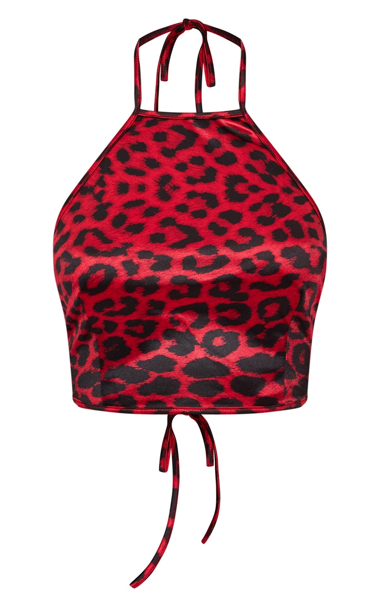 Red Satin Leopard Halterneck Crop Top | PrettyLittleThing