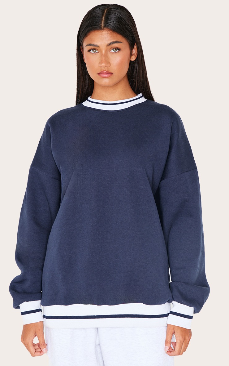 Navy Striped Ribbed Hem Oversized Sweatshirt | Athleisure | PLT AUS