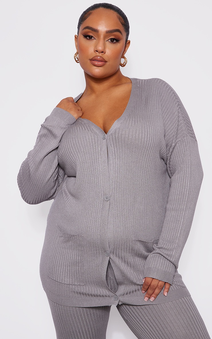 Plus Grey Plus Rib Knit Button Longline Cradigan | PrettyLittleThing CA