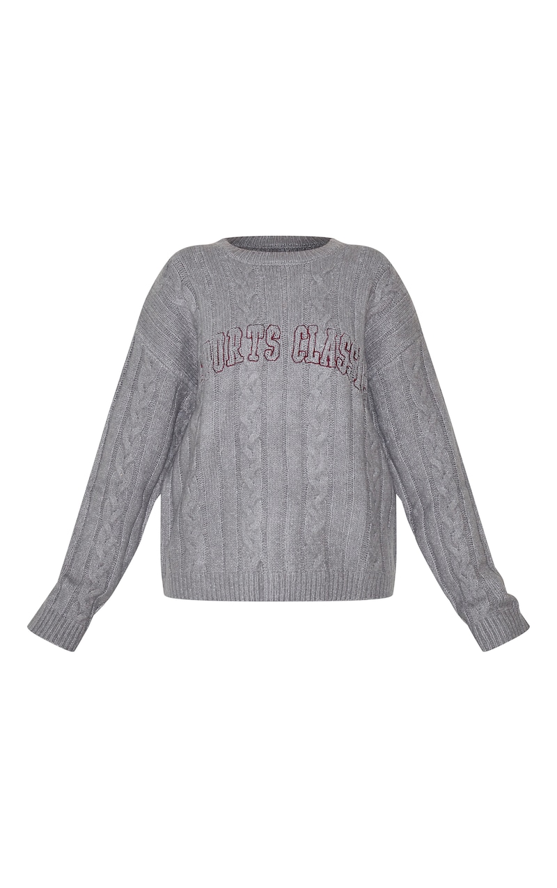 Grey Soft Cable Knit Embroidered Jumper | Knitwear | PrettyLittleThing AUS