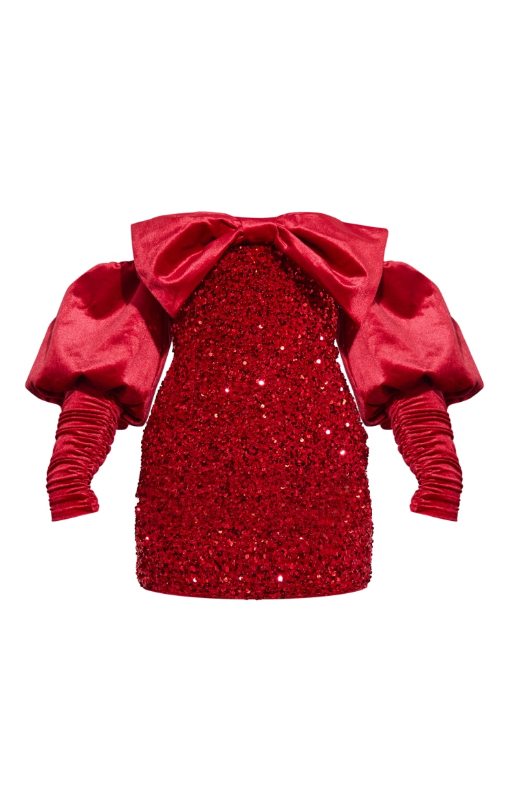 Red Sequin Velvet Bow Detail Bardot Bodycon Dress | PrettyLittleThing USA