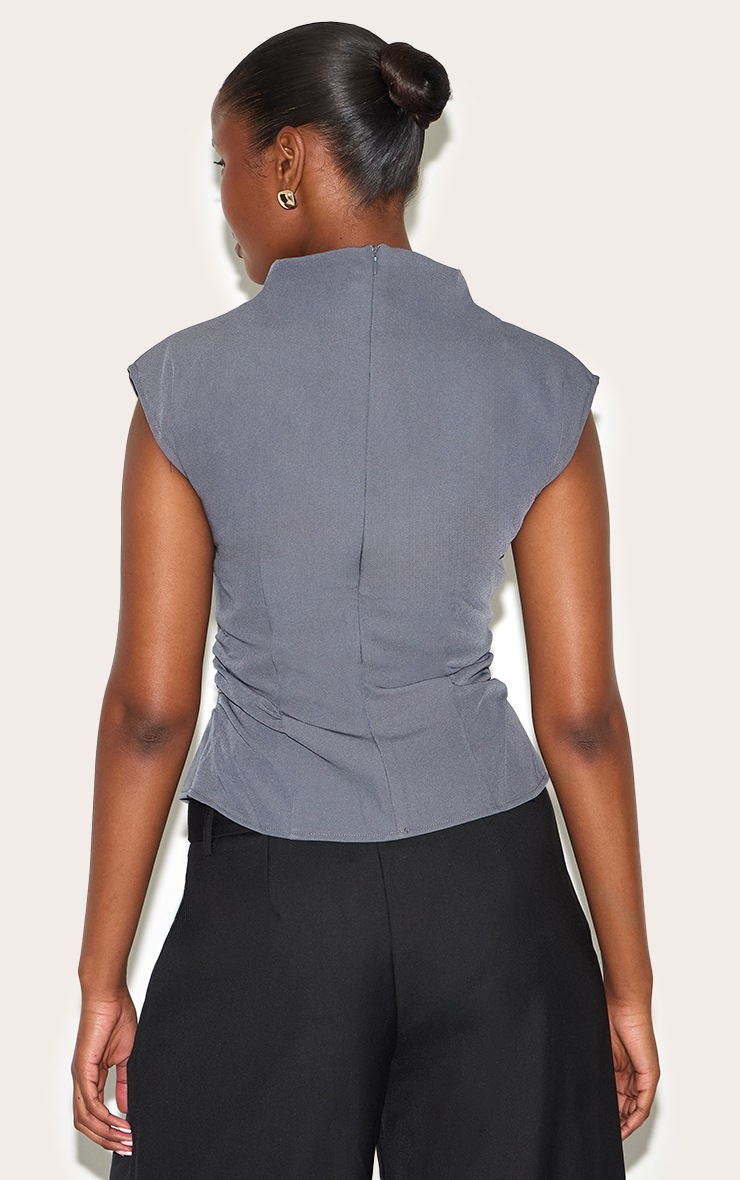 Charcoal Ruched Woven Shoulder Pad Top | Tops | PrettyLittleThing AUS