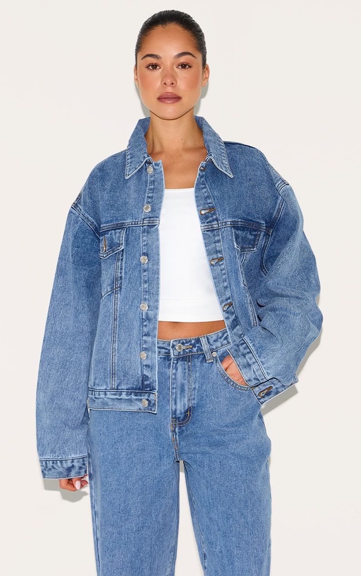 Mid Blue Wash Oversized Classic Denim Jacket | Denim | PLT