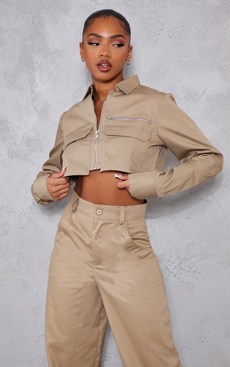 Stone Cargo Zip Cropped Shirt | PrettyLittleThing AUS